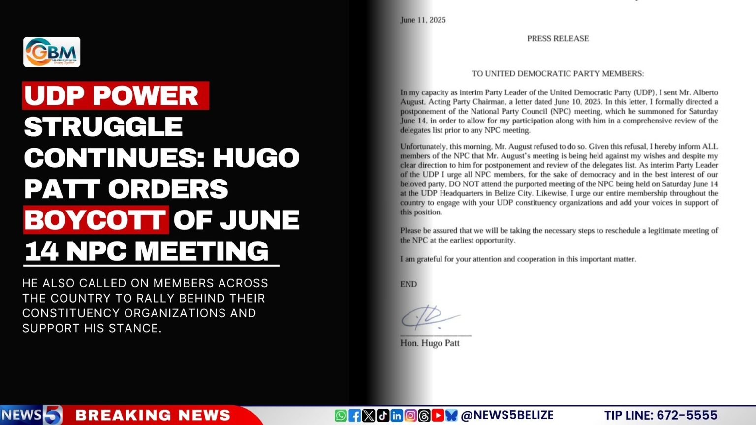UDP Power Struggle Continues: Hugo Patt Orders Boycott of June 14 NPC ...