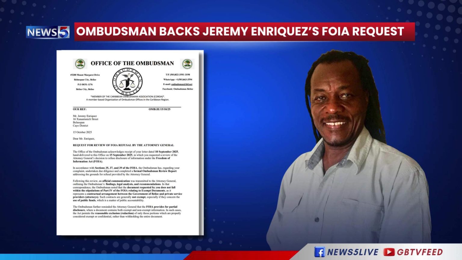 Ombudsman’s Office Backs Jerry Enriquez’s FOIA Request | Greater Belize Media