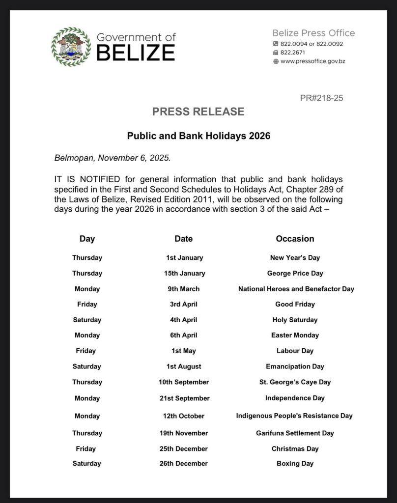 Official Public and Bank Holidays for 2026 | Greater Belize Media