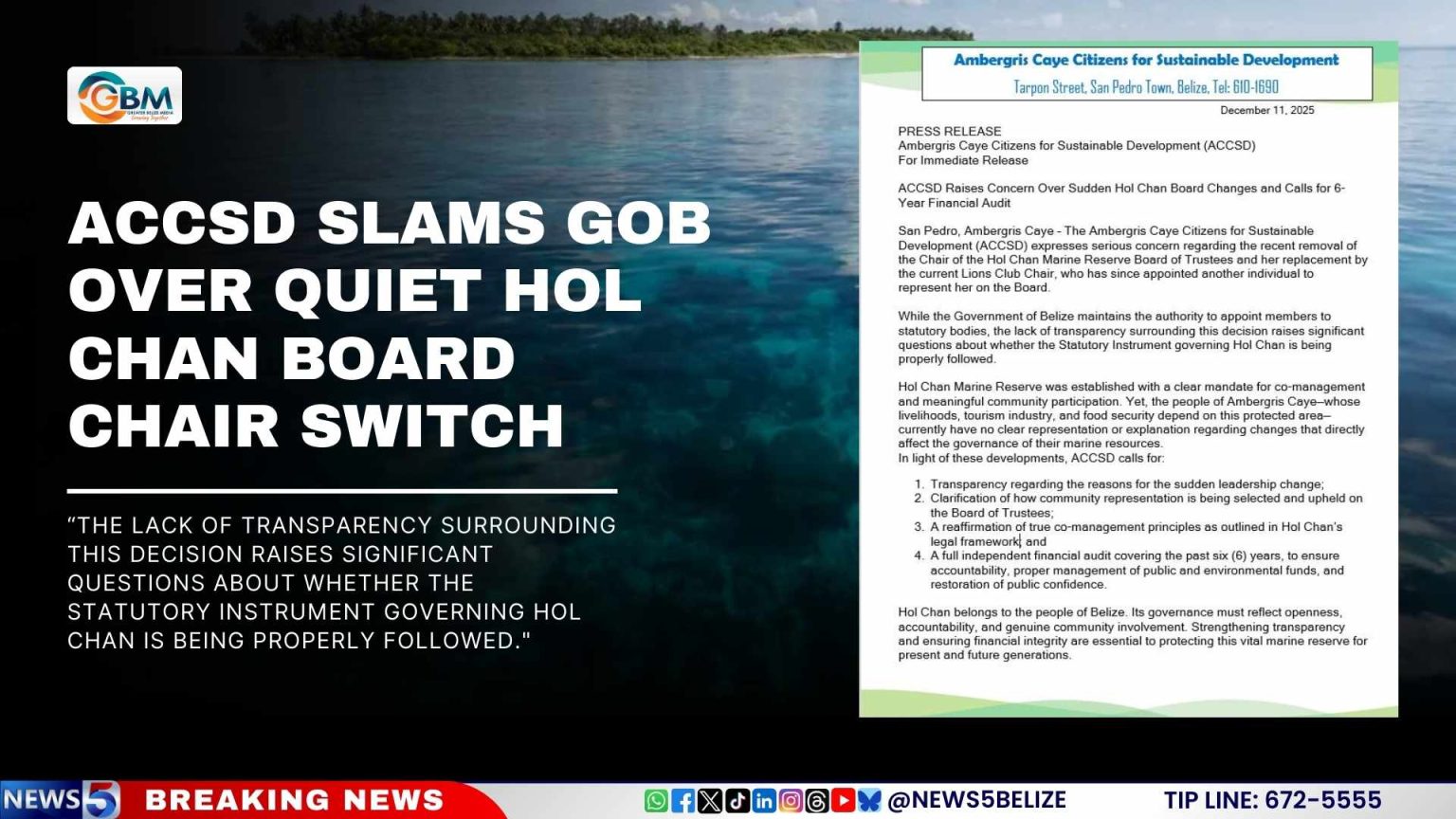 ACCSD Slams GOB Over Quiet Hol Chan Board Chair Switch | Greater Belize ...