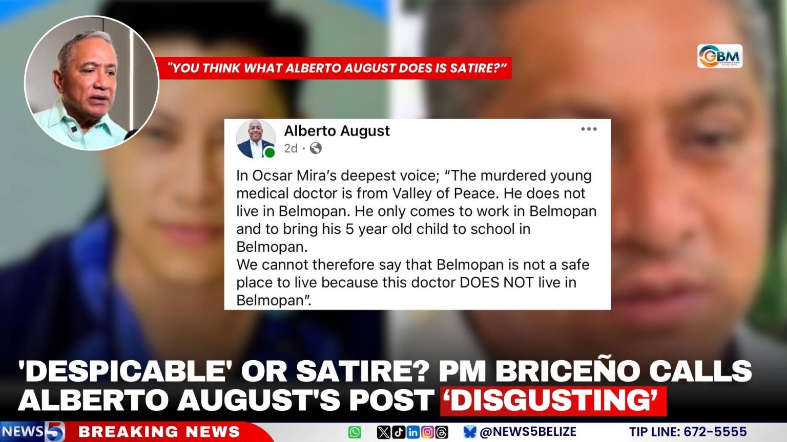 'Despicable' or Satire? PM Briceño Calls Alberto August's Post ‘Disgusting’